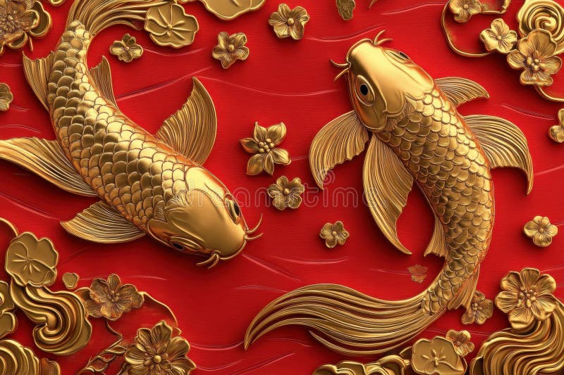 Golden Koi Carp Swimming Gracefully on a Vivid Red Background with ...