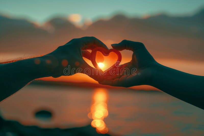 A Beautiful Sunset As Two Hands Form a Heart Shape Against the Glowing ...