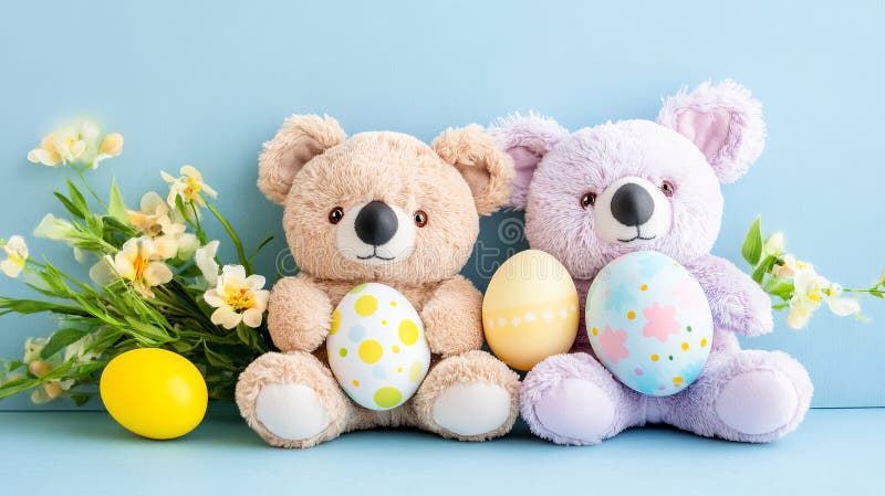 The Image Features Two Plush Koalas on a Turquoise Background, Holding ...