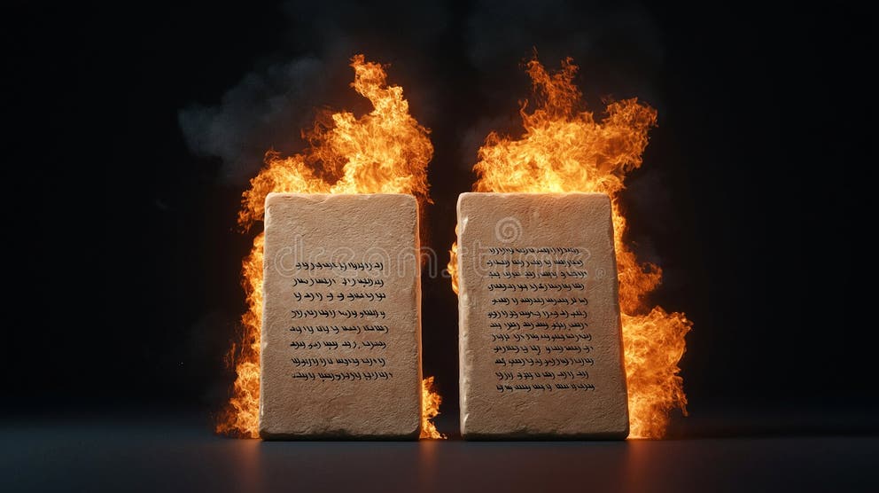 Image Features Two Stone Tablets Engulfed Flames Symbolizing Dramatic ...