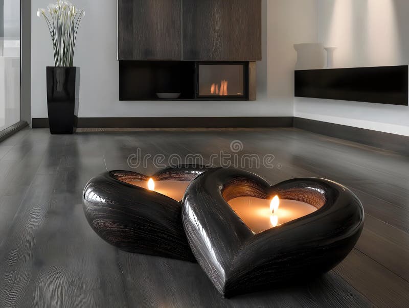 Two Large Heart-shaped Candle Holders with Burning Candles, Creating a ...