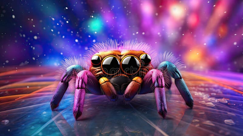 Vibrant Jumping Spider on Iridescent Surface Under Neon Lights Stock ...
