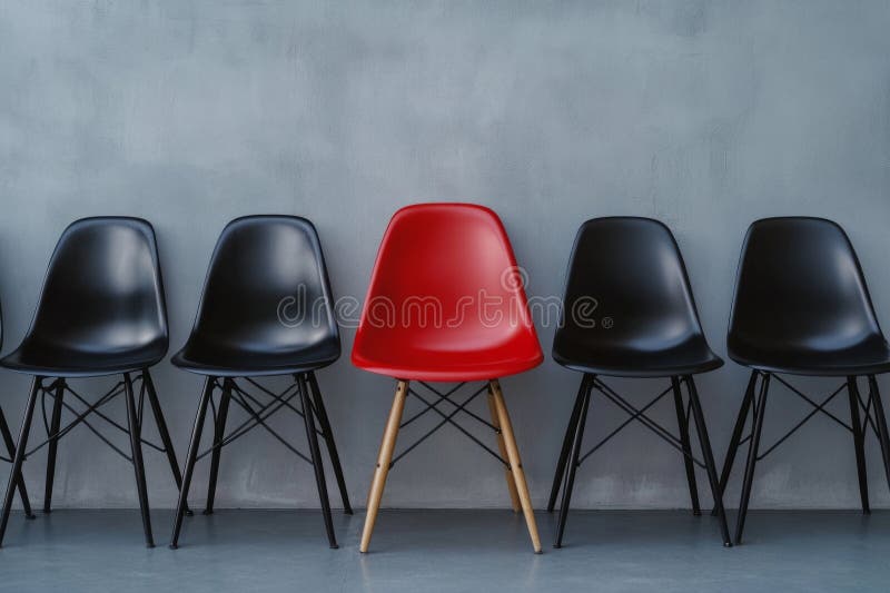 A Striking Red Chair Stands Out among Five Black Chairs. the Modern ...