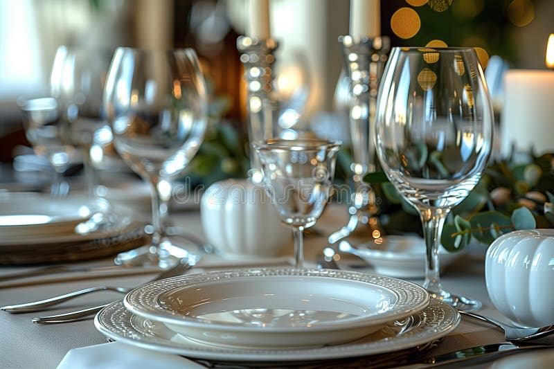 Elegant Table Setting with Crystal Glassware and White Porcelain ...