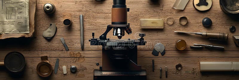 Scientific Workspace with Microscope and Tools Stock Illustration ...