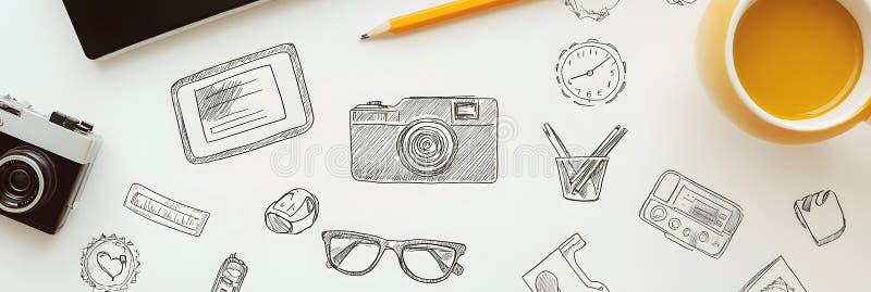 Creative Workspace with Various Objects Stock Illustration ...
