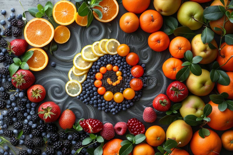 Colorful Assortment of Fruits Arranged in a Spiral Way that Highlights ...