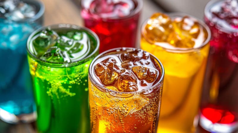 Colorful Assorted Soft Drinks in Glasses with Ice, Generative AI Stock ...
