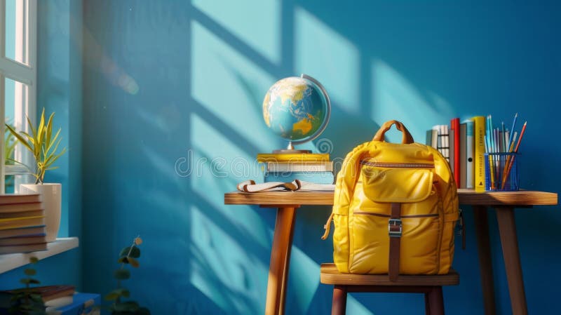 Back-to-School Desk Setup with Yellow Backpack and Globe, Generative AI ...