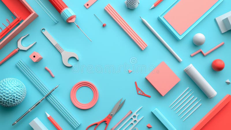 Abstract Geometric Shapes and Tools on Blue Background this Image ...