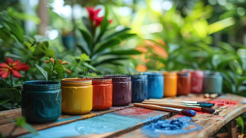 Vibrant Paint Jars Line Wooden Table Tropical Garden Art Brushes ...