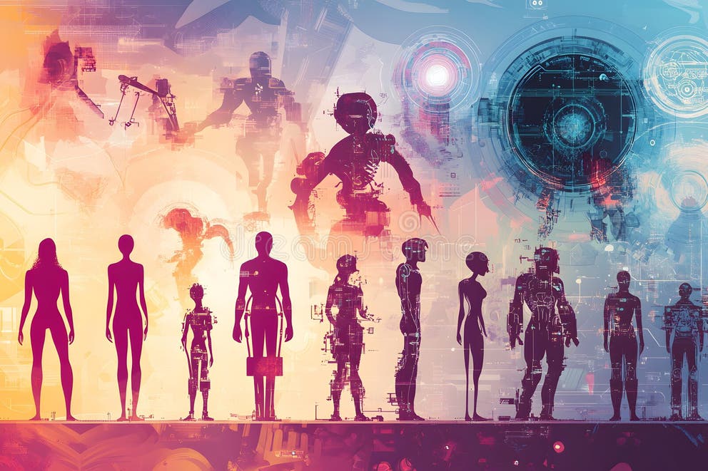 Abstract Technology Silhouettes with Digital Elements and Robots Stock ...