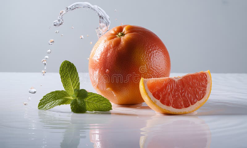 Vibrant Grapefruit with Water Splash Mint and Slice on Reflective ...