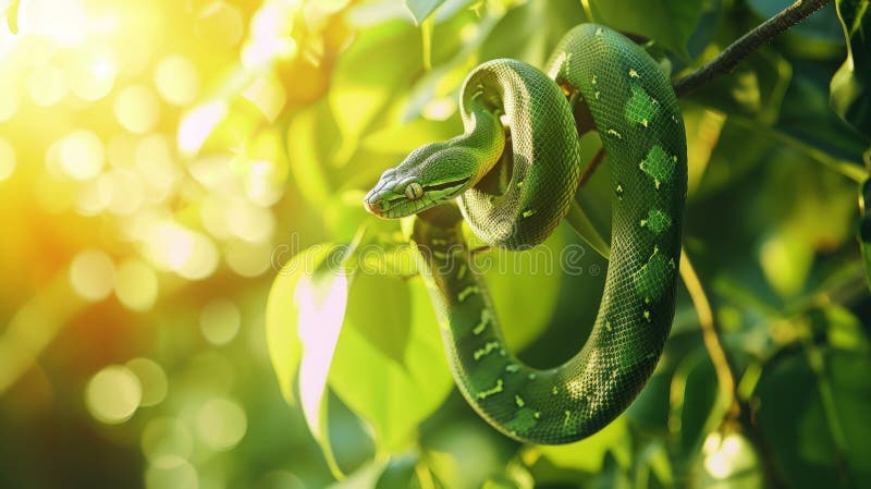 Vibrant Green Snake in Sunlit Forest - Generative AI Stock Photo ...