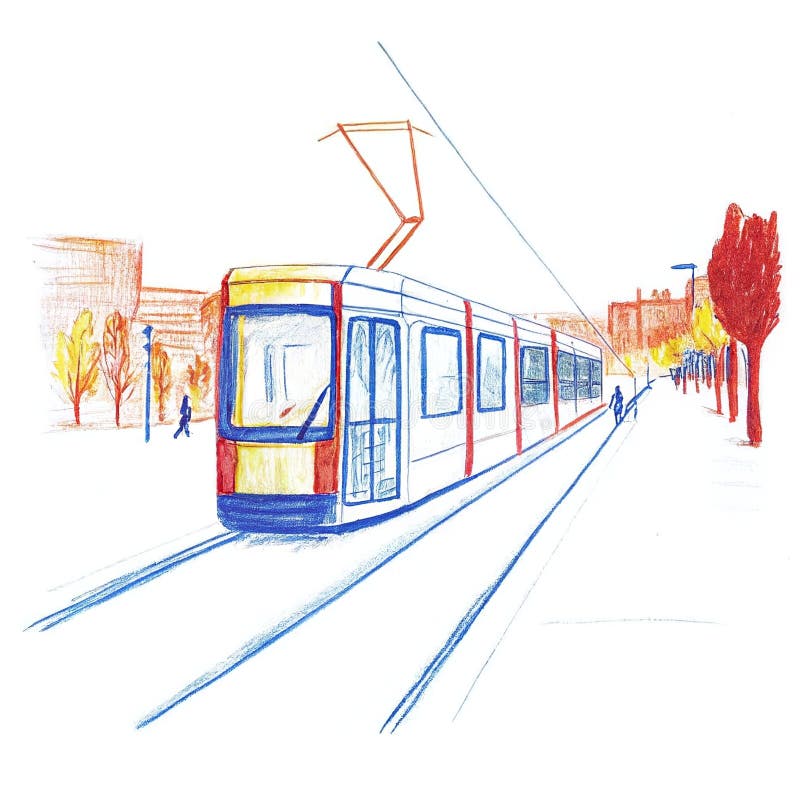 Colorful Hand-Drawn Tram Illustration in Urban Setting with Trees and ...
