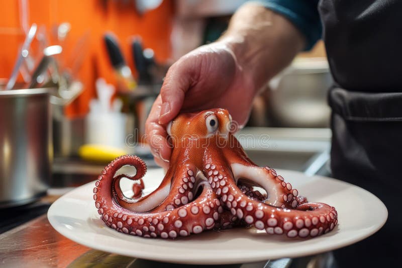 A Chef Holds a Fresh Octopus on a White Plate in a Lively Kitchen. this ...