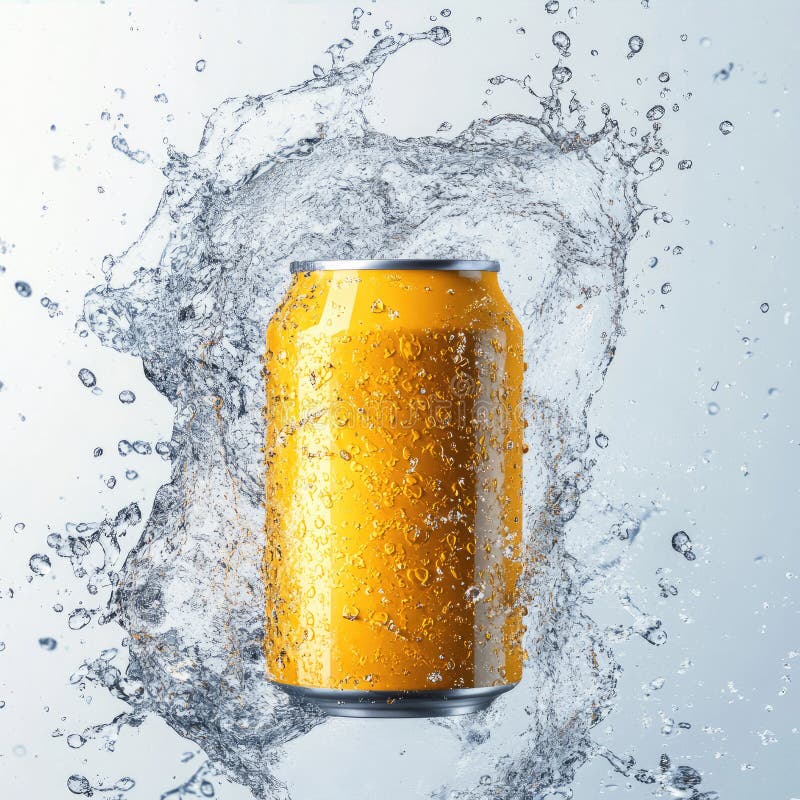 A Yellow Soda Can with Water Splashing Around it, Isolated on a White ...