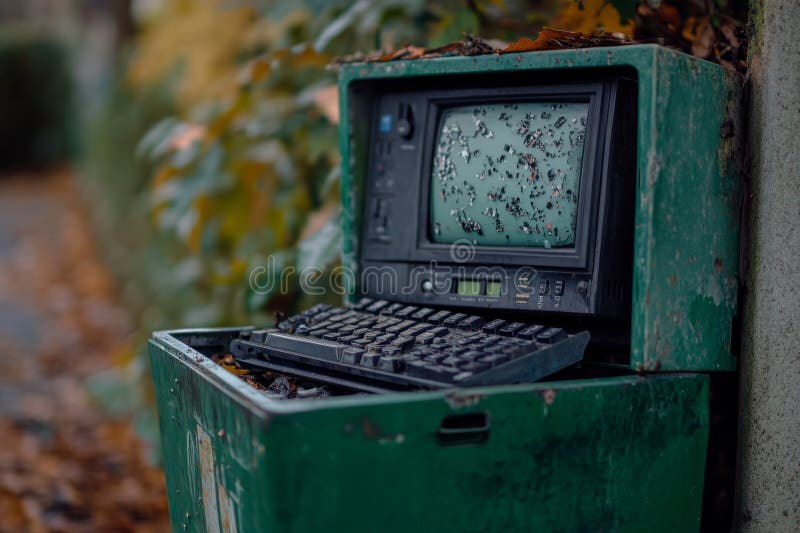 An Old Green Computer Sits Outside. the Screen Shows Static, Surrounded ...