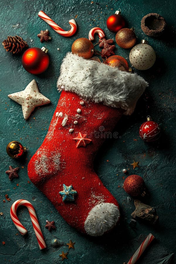 The Image Features a Vintage Santa Stocking on a Green Background ...