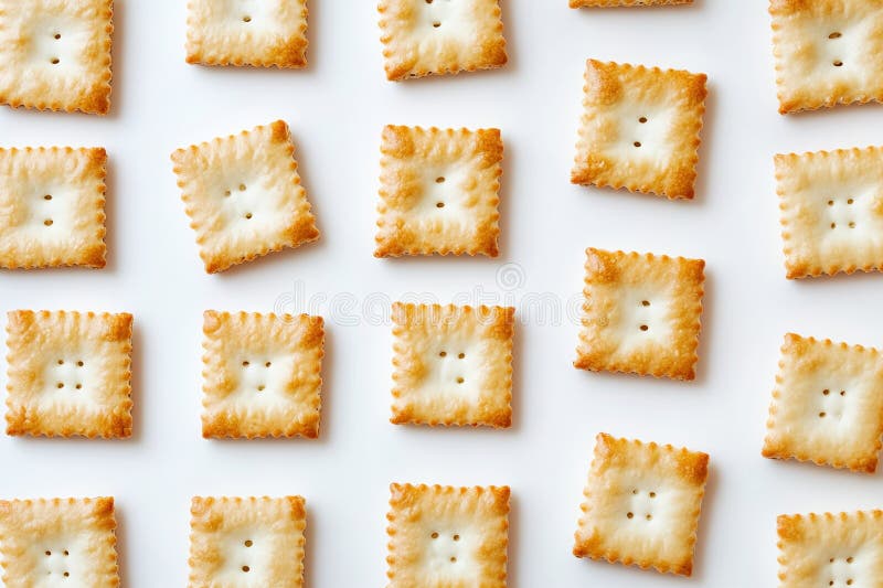 Golden Baked Square Crackers Arranged in Grid Pattern on White ...