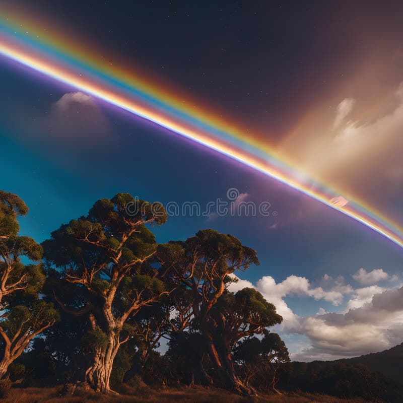 Twilight Rainbow Over Ancient Trees in a Starlit Wilderness Stock Photo ...