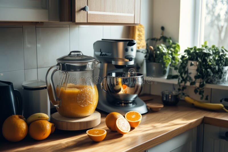 A Cozy Kitchen Scene with Fresh Oranges and a Modern Juicer. Bright ...