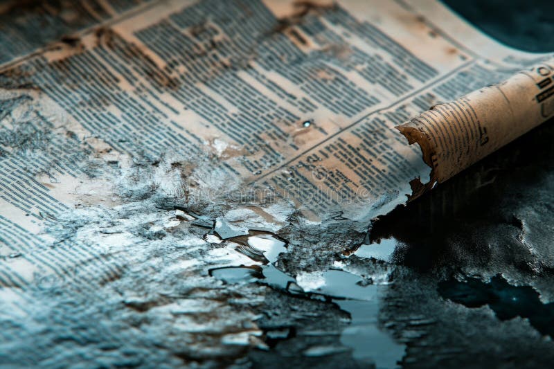 A Wet, Crumpled Newspaper Rests on a Slick Surface. the Ink Runs ...