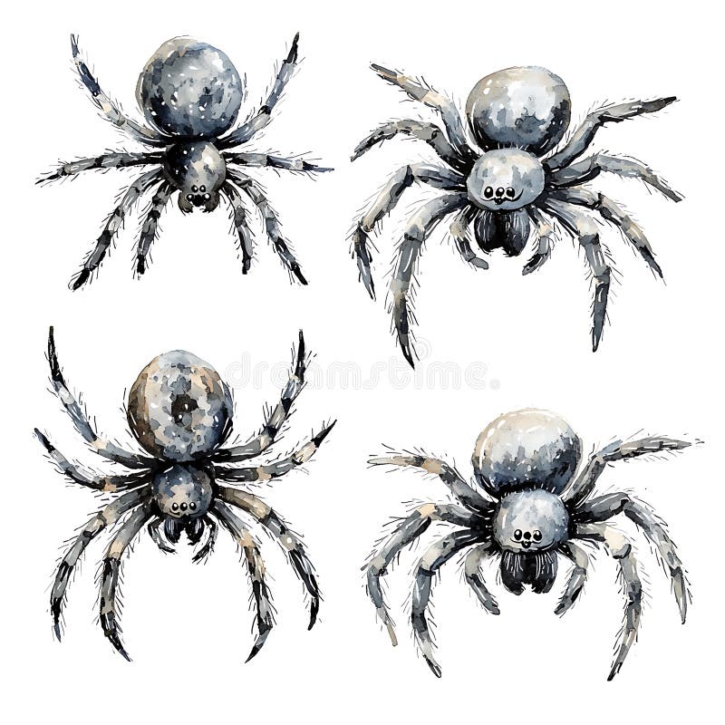 Watercolor Painting of Four Gray Spiders in Different Poses Isolated on ...