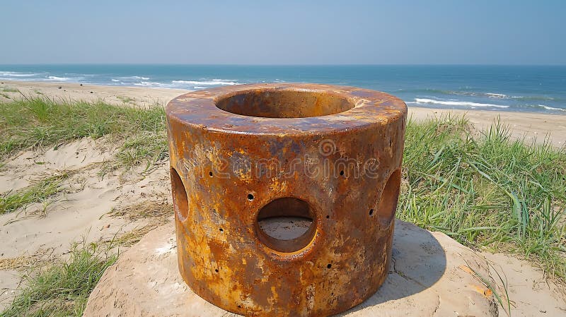 Rusty Metal Object on Sandy Beach with Ocean Waves Under Blue Sky Stock ...