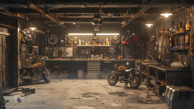 Cozy Motorcycle Workshop with Classic and Modern Bikes, Generative AI ...