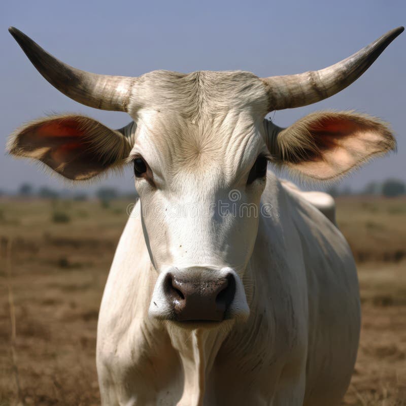 A Close-up View of a White Cow in a Rural Setting during Daylight Stock ...
