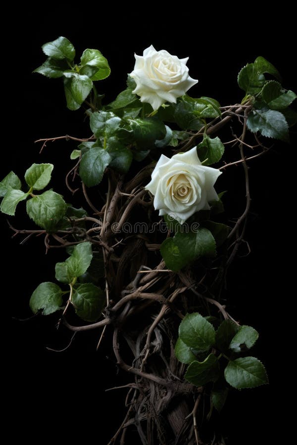 Black Roses. Ivy, Vines, Thorns Green Leaves. White Background. Toxic ...