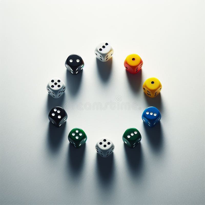 The Image Features a White Surface with a Circle of Multi-colored Dice ...