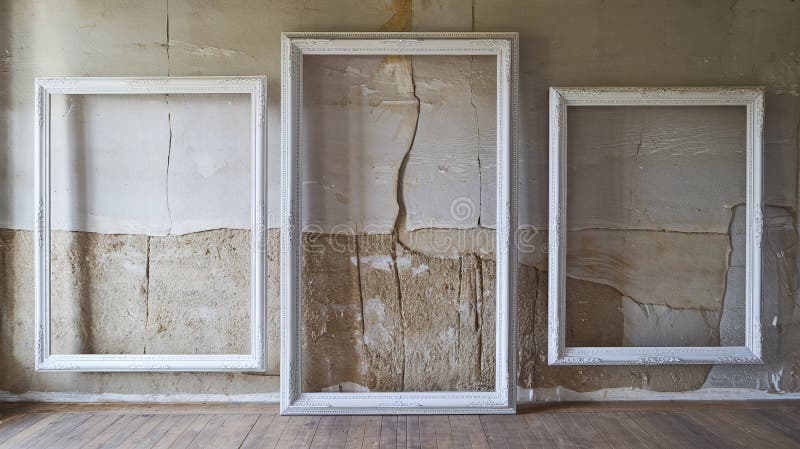 White Vintage Picture Frames on Rustic Cracked Wall in Minimalistic Empty Room with Wooden Floor ...