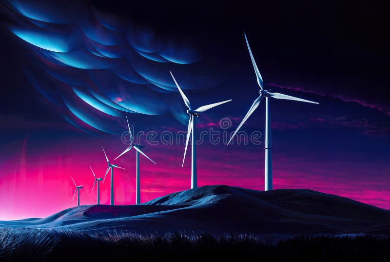 Wind Farm at Hilltop Sunset: Pink, Purple & Dark Clouds, Generative Ai ...