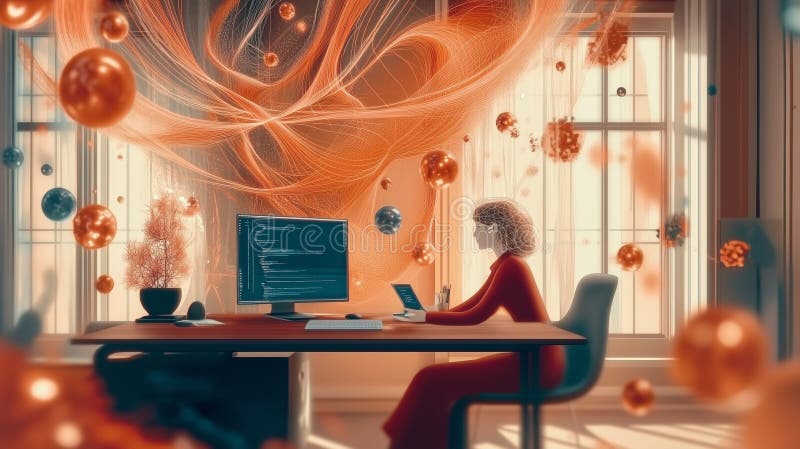 A Woman of Mixed Descent Working at a Desk in a Vibrant, Abstract ...