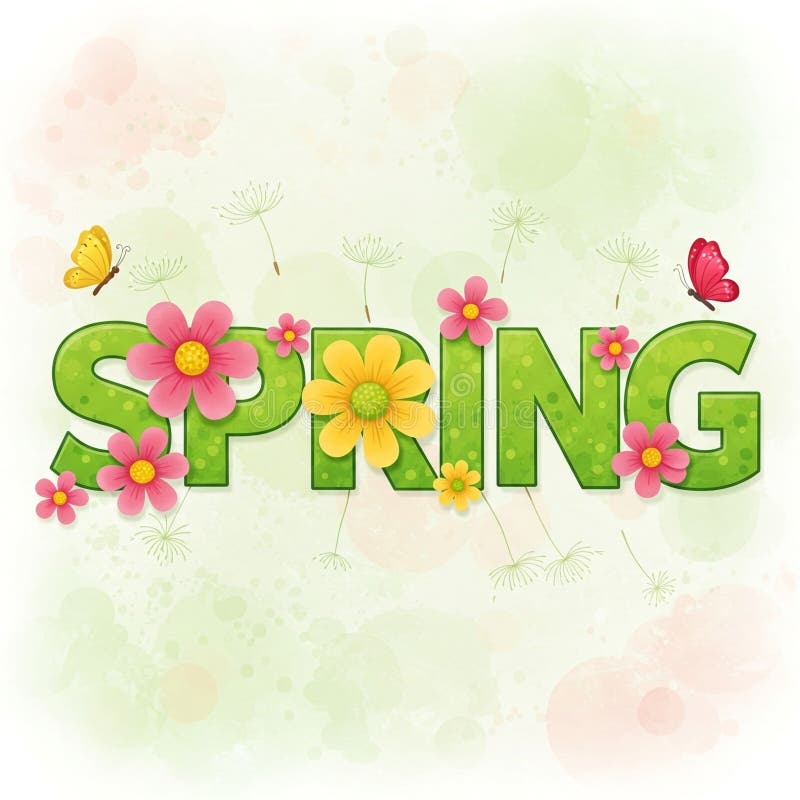 Playful Spring Lettering Decorated with Flowers and Butterflies Stock ...