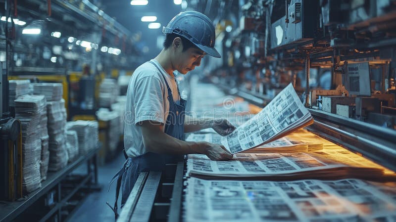 Worker Operating Printing Press for Newspaper Production Stock ...