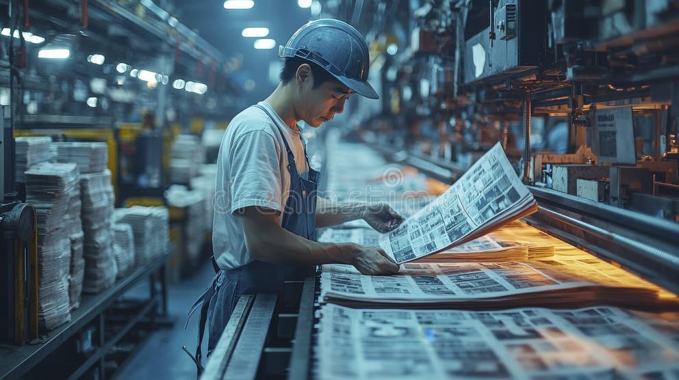 Worker Operating Printing Press for Newspaper Production Stock ...