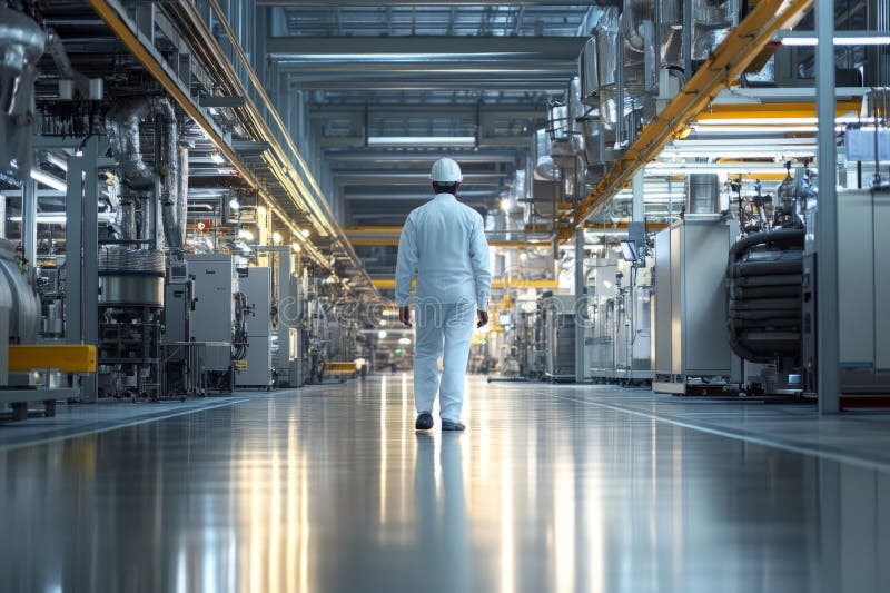 A Lone Worker Walks through a High-tech Industrial Facility. the Bright ...