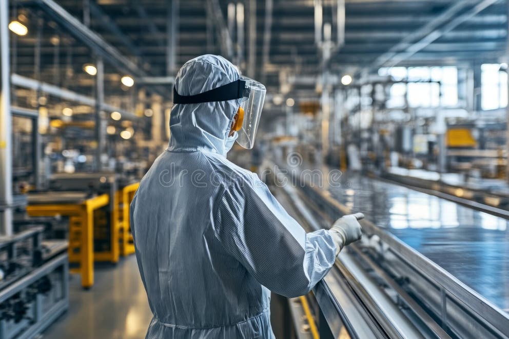 A Worker in a Cleanroom Outfit Oversees an Advanced Manufacturing ...