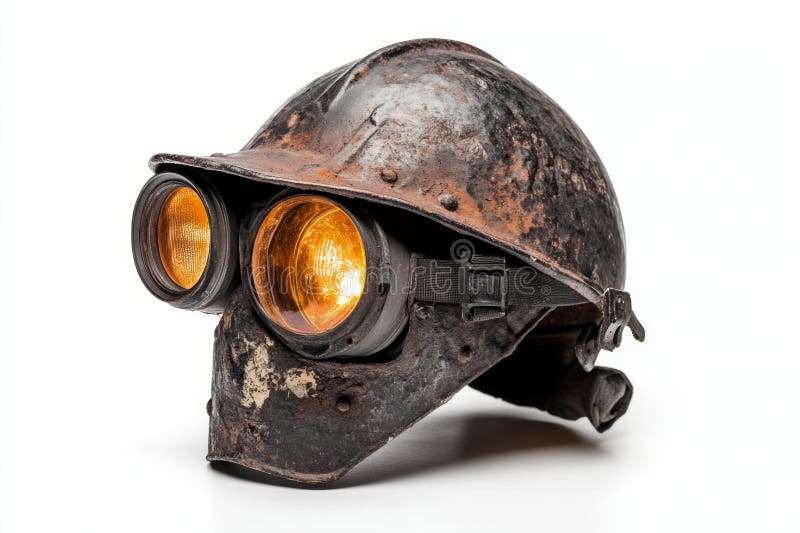 A Vintage Mining Helmet with Unique Goggles. the Rusty Exterior Tells a ...