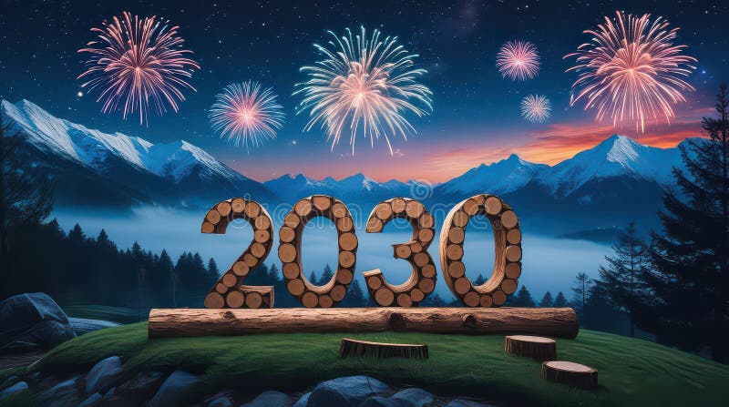 2030 Wooden Numbers with Fireworks Over Mountain Landscape Stock ...