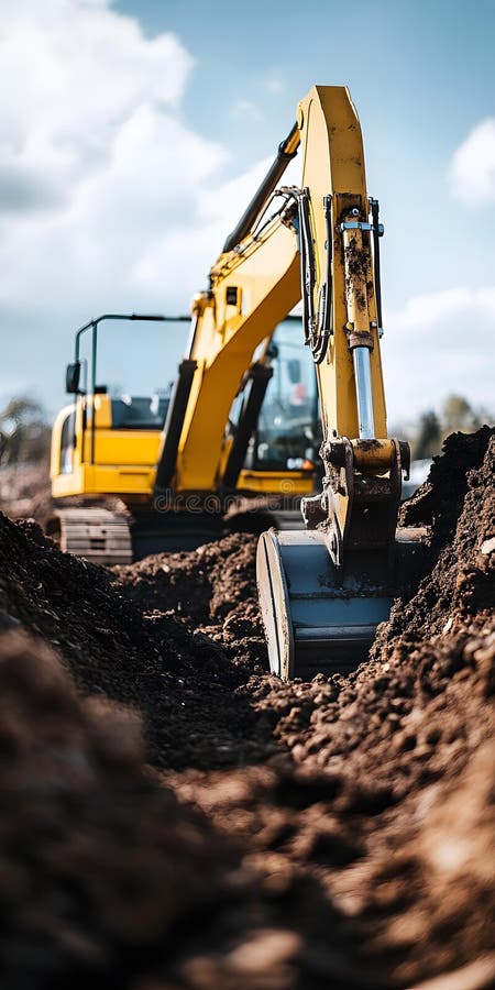 Yellow Excavator Digging into Ground Stock Illustration - Illustration ...