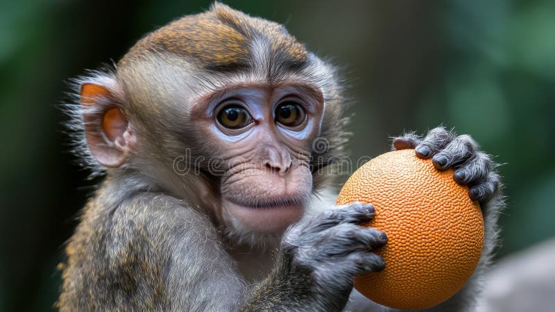 A Monkey Holding an Orange. Stock Photo - Image of monkey, blurred ...