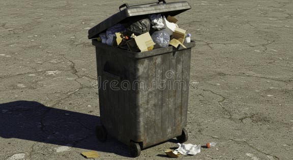 Full Trash Can Overflowing with Garbage on a Cracked Asphalt Surface ...