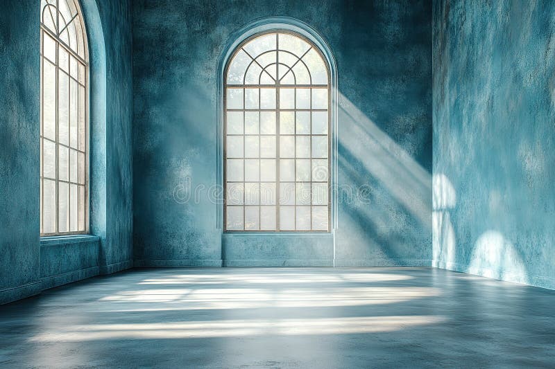 Arched Window Light, Textured Blue Walls, Sunlight Streaks, Empty ...