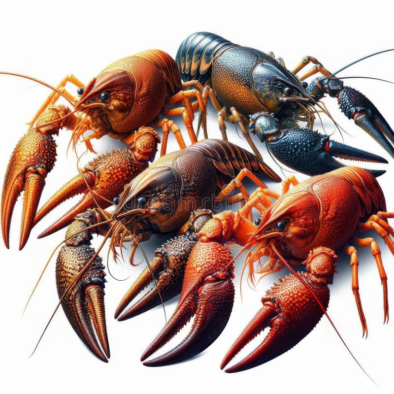 Four Live Crawfish Positioned Separately on a White Background Stock ...