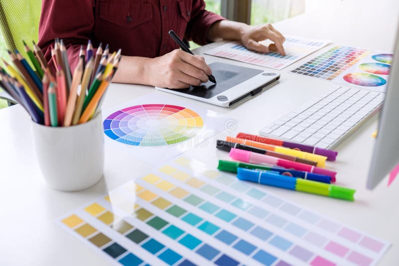 Image of Female Creative Graphic Designer Working on Color Selection ...