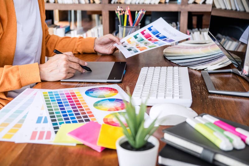 Image of Female Creative Graphic Designer Working on Color Selection ...